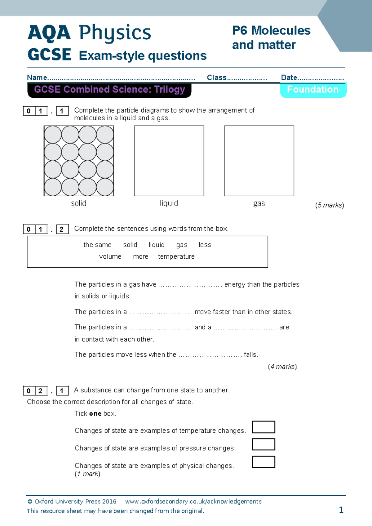 Oxo AQA16 P6CS XQ01 Exam-Style Questions on States of Matter - Studocu