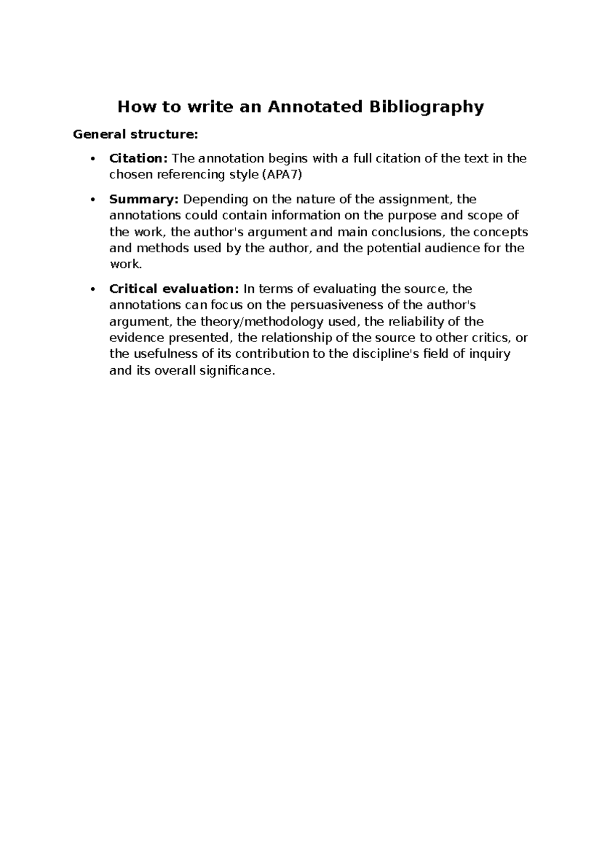 Annotated Bibliography Guide (APA7) - Writing Tips and Structure - Studocu