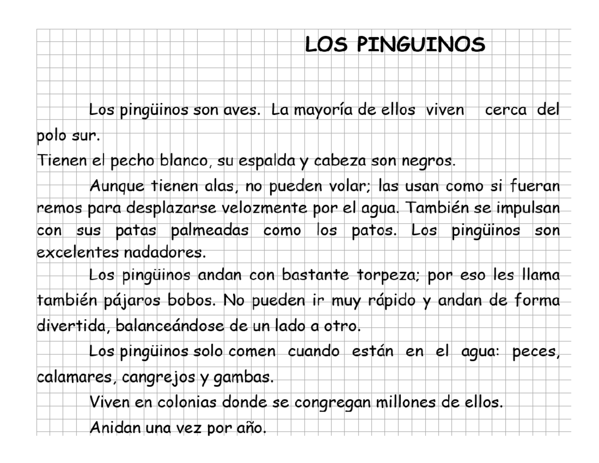 Act. lectura - REFORZAMIENTO - LOS PINGUINOS Los pingüinos son aves. La ...