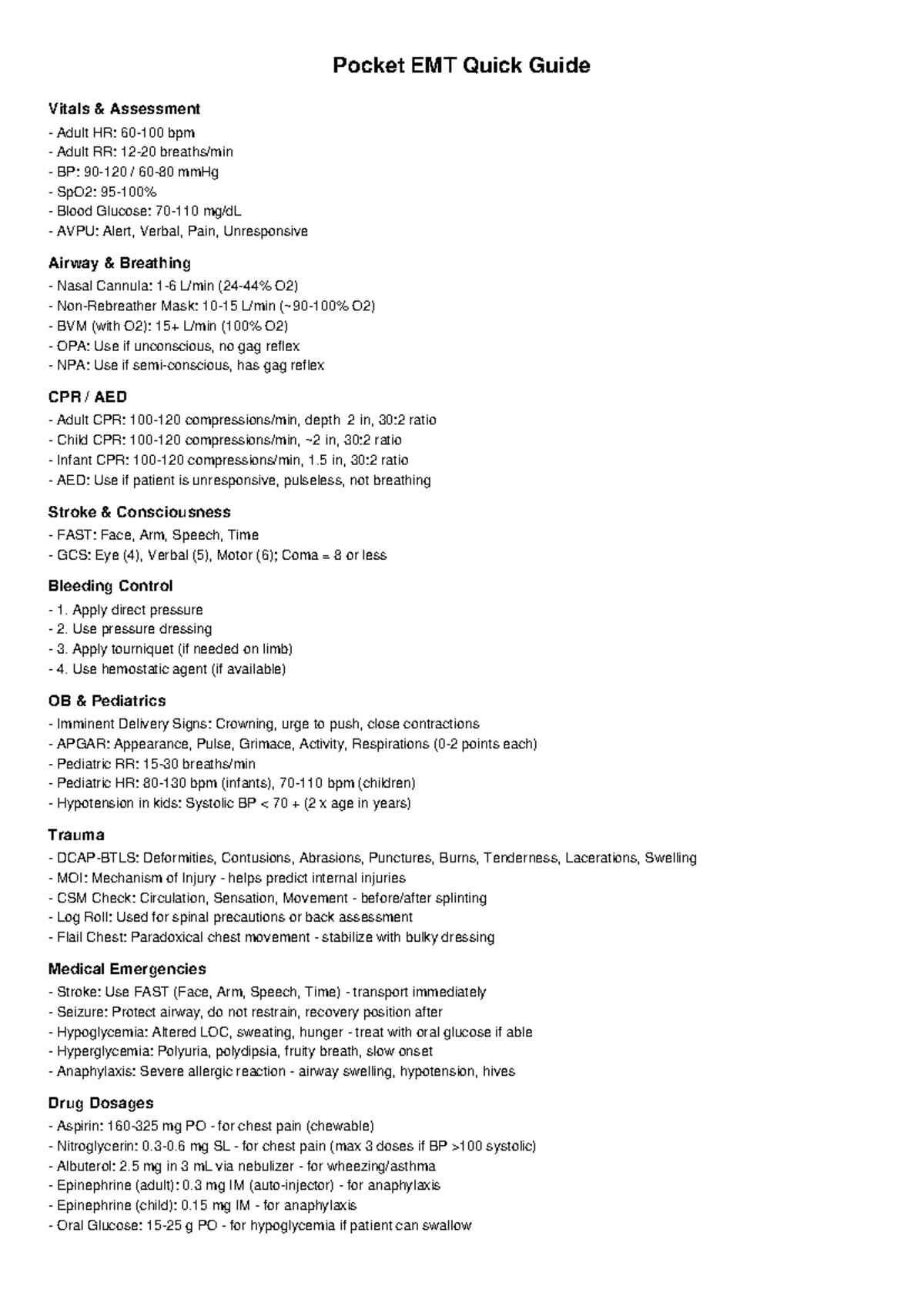 EMT 101: Quick Guide to Adult Vitals & Emergency Protocols - Studocu