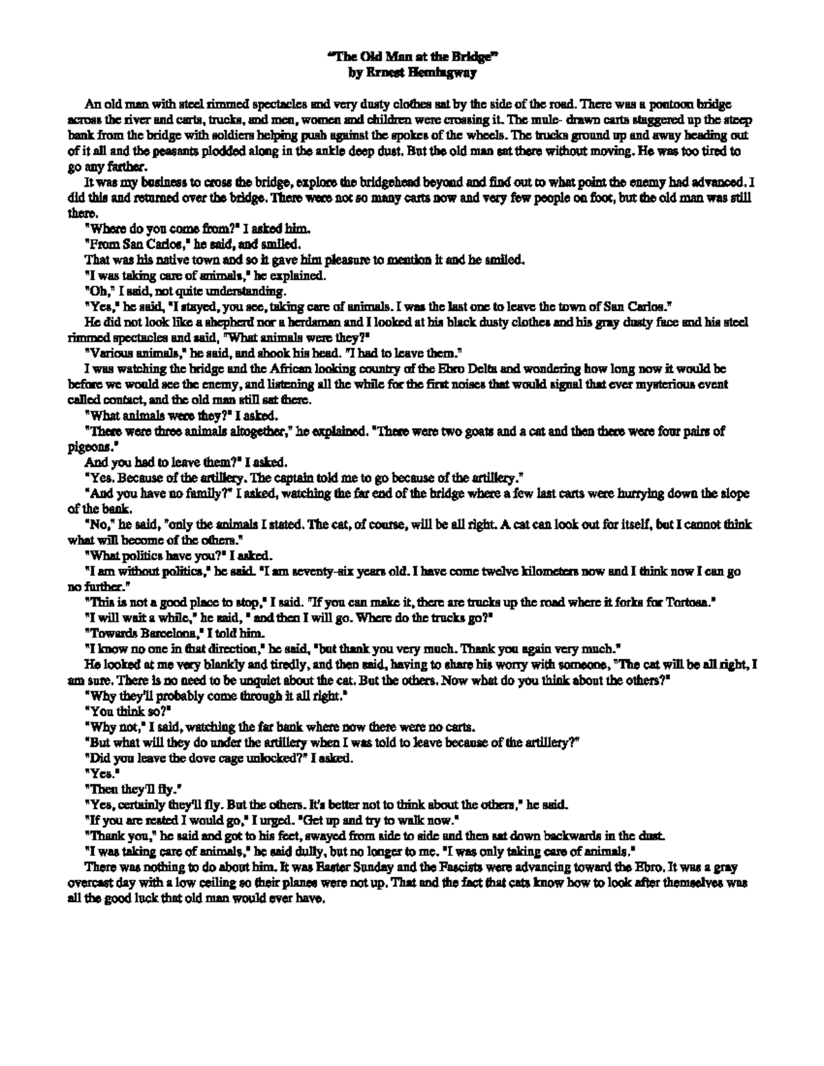 The Old Man at the Bridge - Analysis of Hemingway's Short Story - Studocu