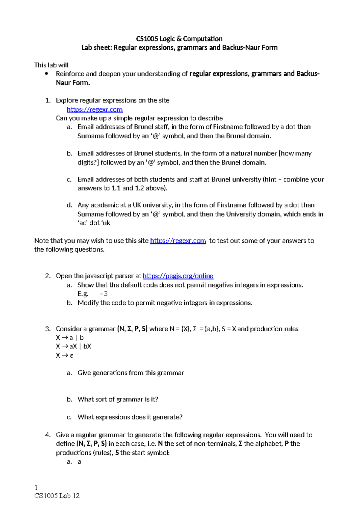 CS1005 Lab 12: Exploring Regular Expressions and Grammars in Formal ...