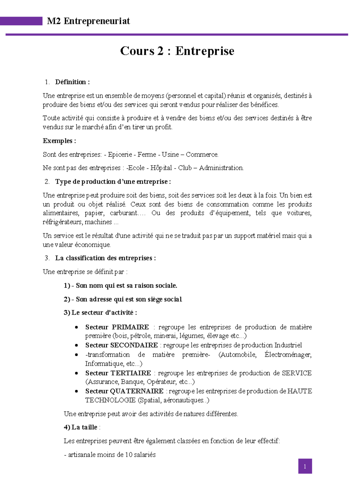 M2 Entrepreneuriat Cours 2 : Définition et Classification des ...