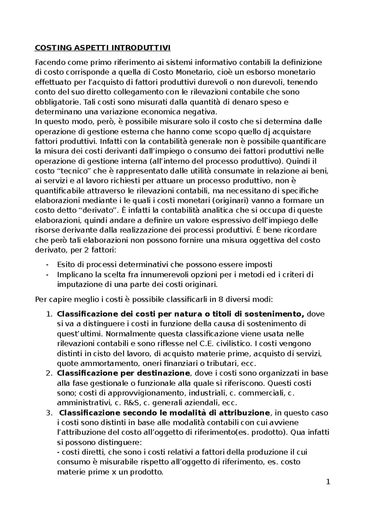 COSTING ASPETTI INTRODUTTIVI: Fondamenti e Classificazioni dei Costi ...