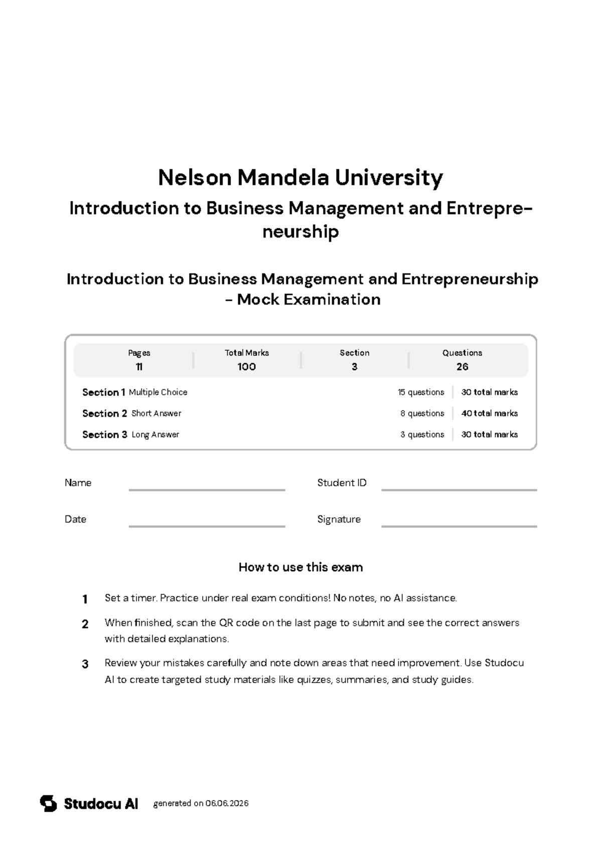 Introduction to Business Management - Mock Exam - Studocu