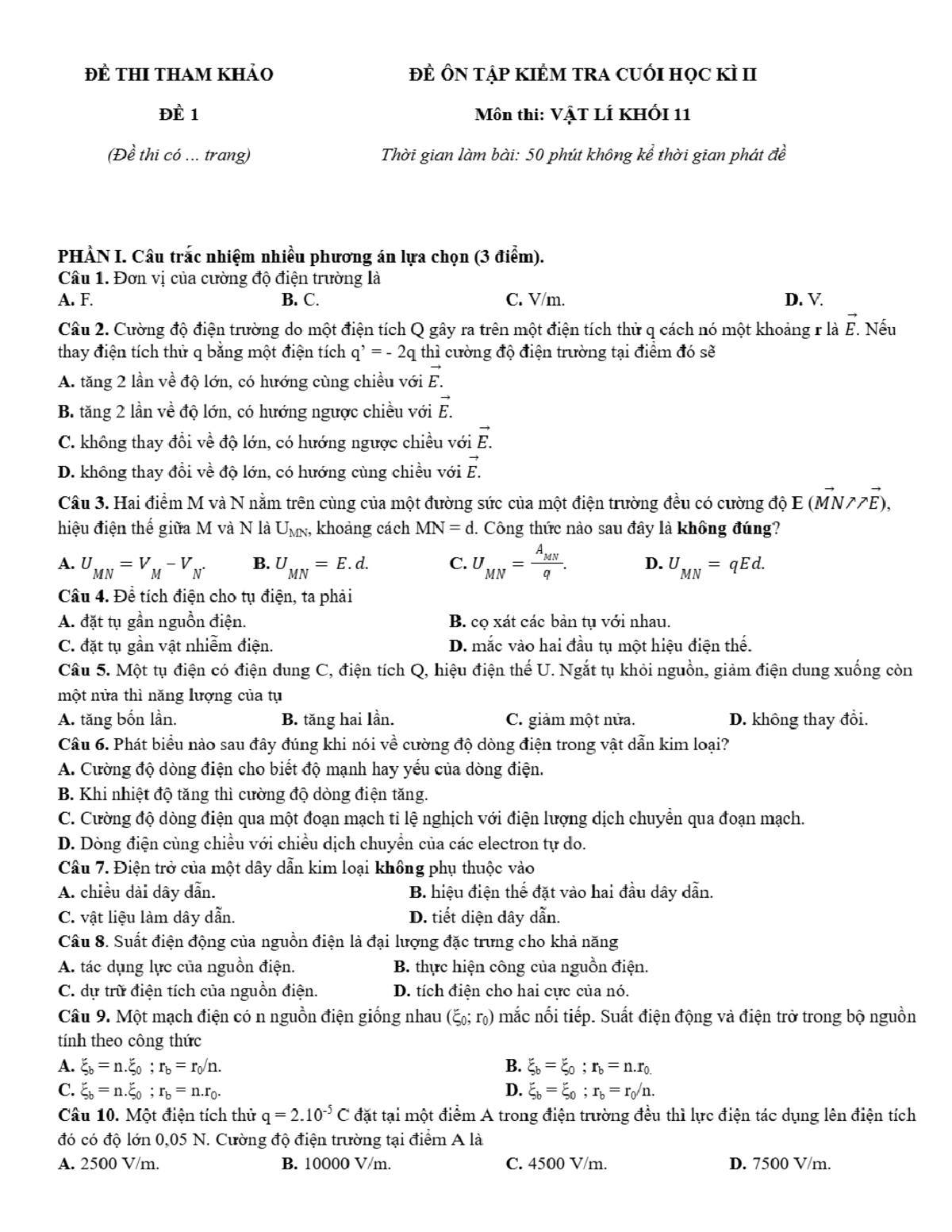 ĐỀ 1 - CK2 LÝ 11 - FORM 2025 (CV7991) - Ôn Tập Kiểm Tra Cuối Học Kỳ ...