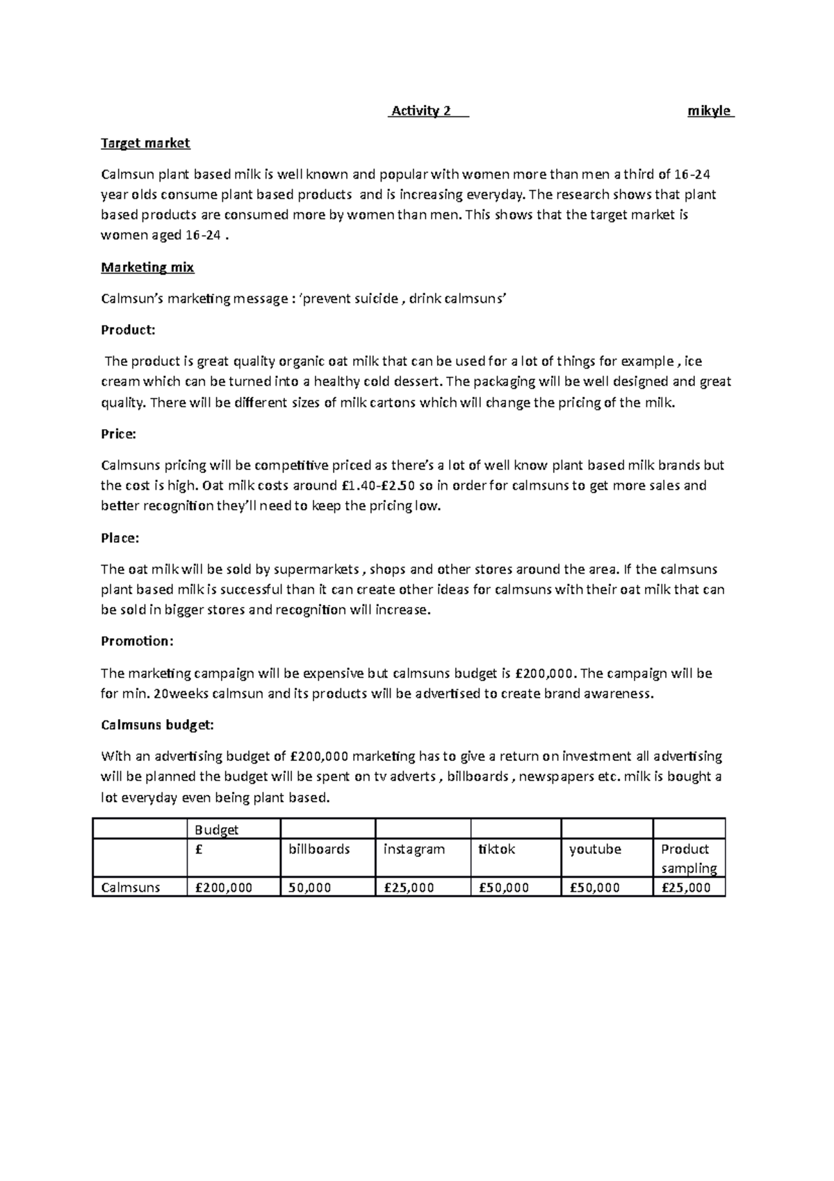 Activity 2 test business rebeccas dairy - Activity 2 mikyle Target ...