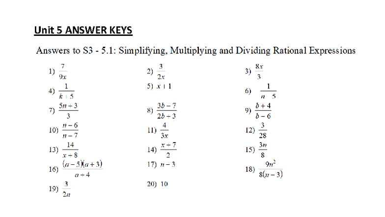 S3 - Unit 5 Answer keys - Helps with assignment - Unit 5 ANSWER KEYS ...