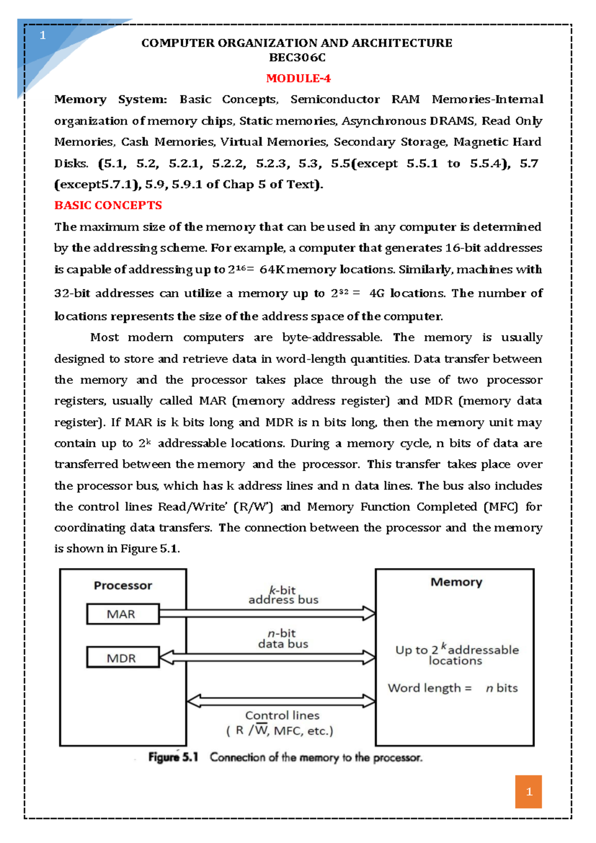 BEC306C Computer Organization & Architecture: Memory Systems Overview ...