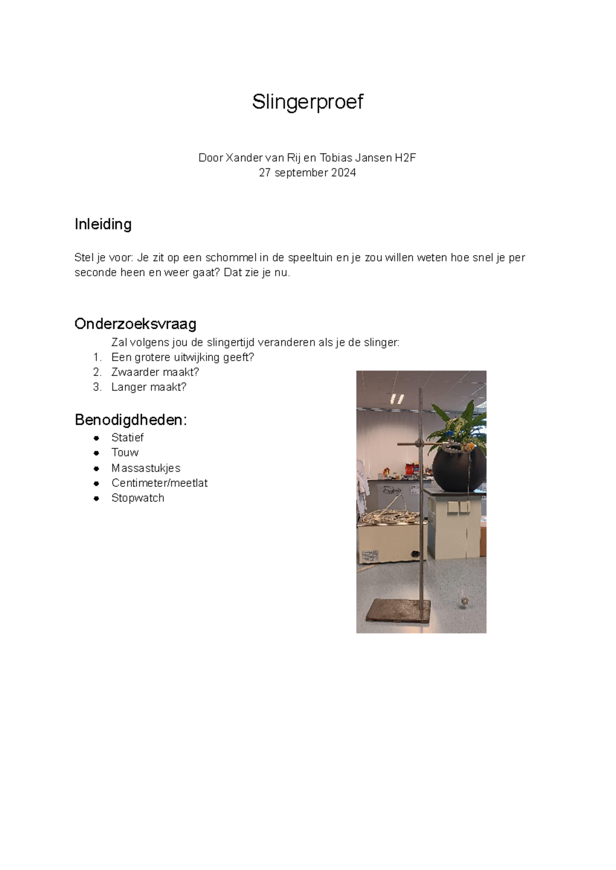 Slingerproef: Onderzoek naar Slingertijdveranderingen in H2F - Studeersnel