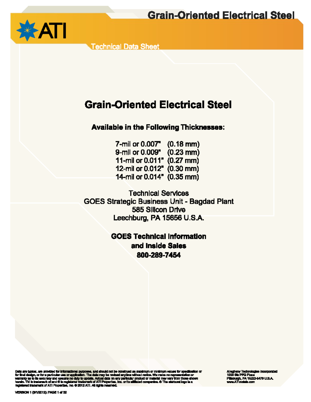 Electrical Steel ATI Technical Data Sheet: Thicknesses and Properties ...