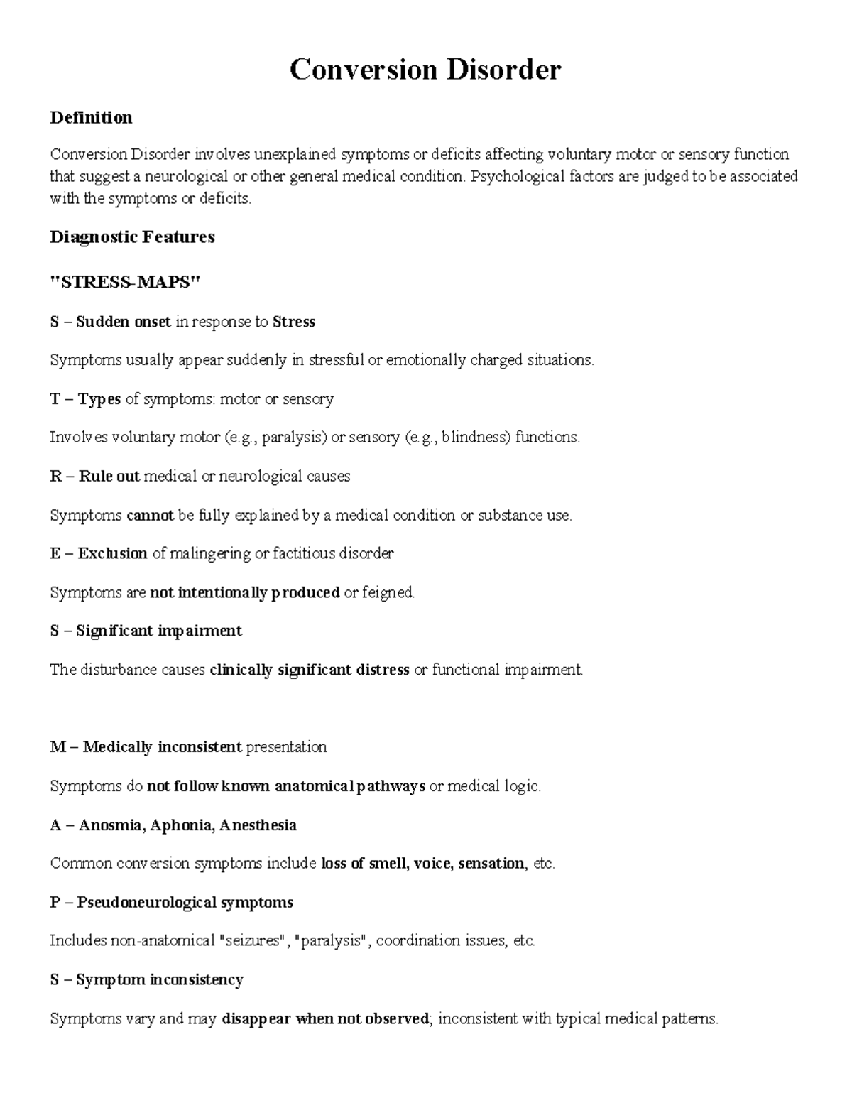 Conversion Disorder - Notes on Definition and Diagnostic Features - Studocu