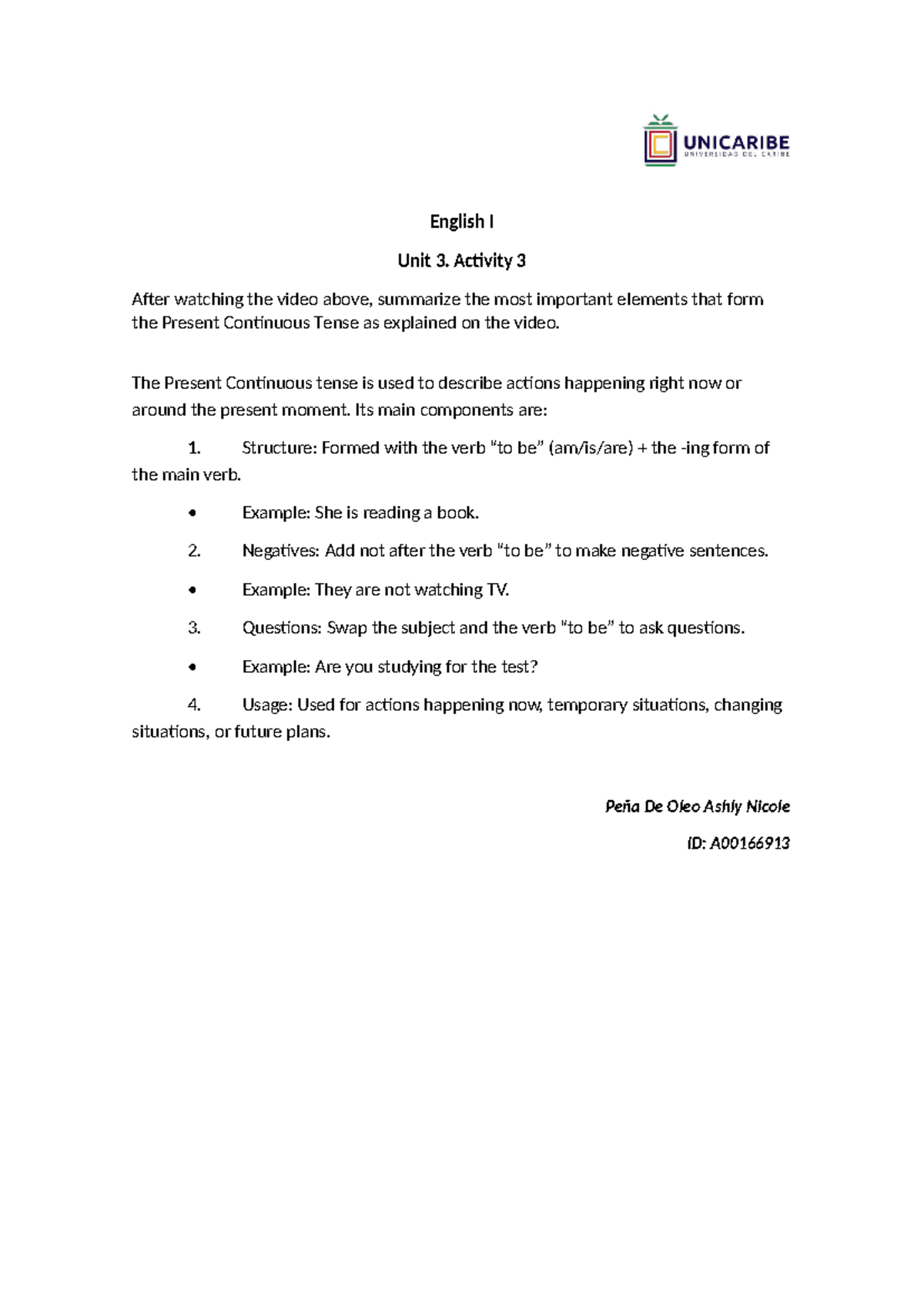 English I Unit 3: Present Continuous Tense Summary - Studocu