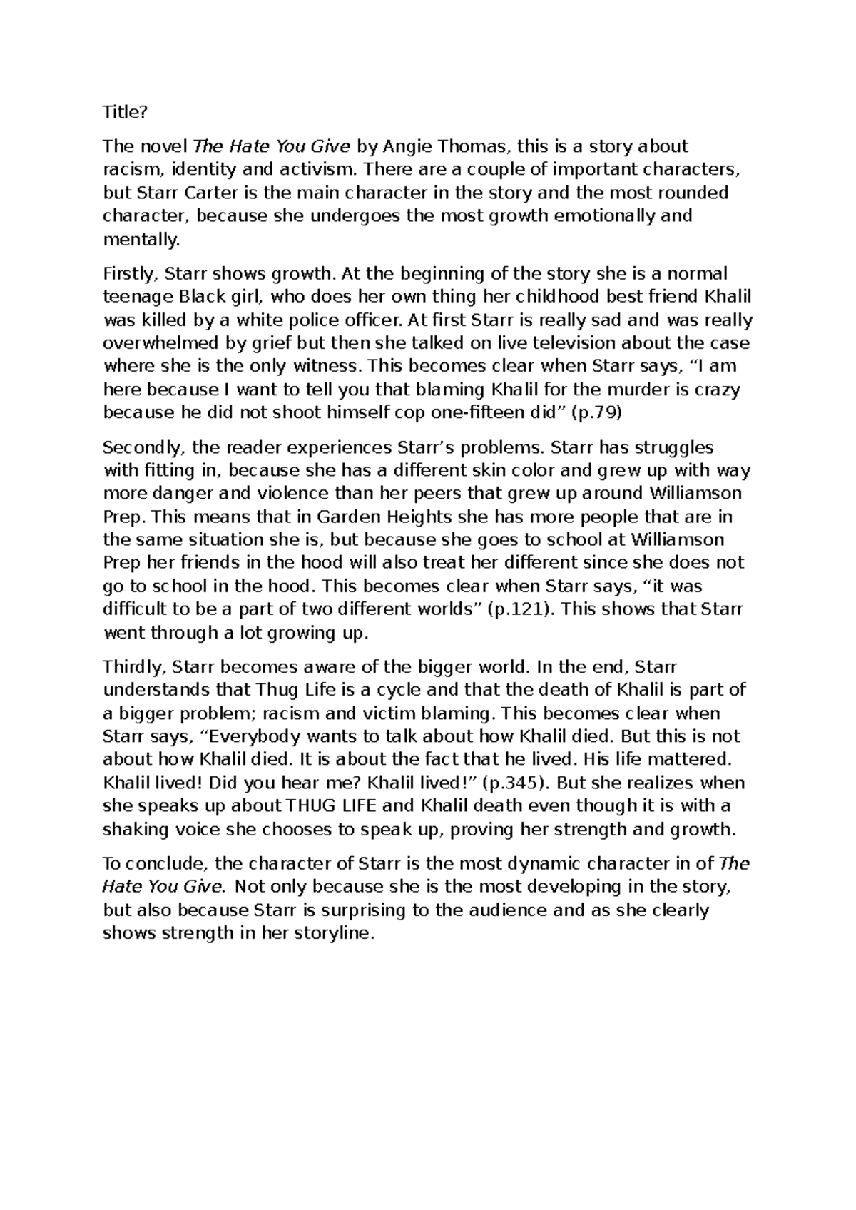 ENG 101 Essay: Character Growth in "The Hate U Give" - Studeersnel