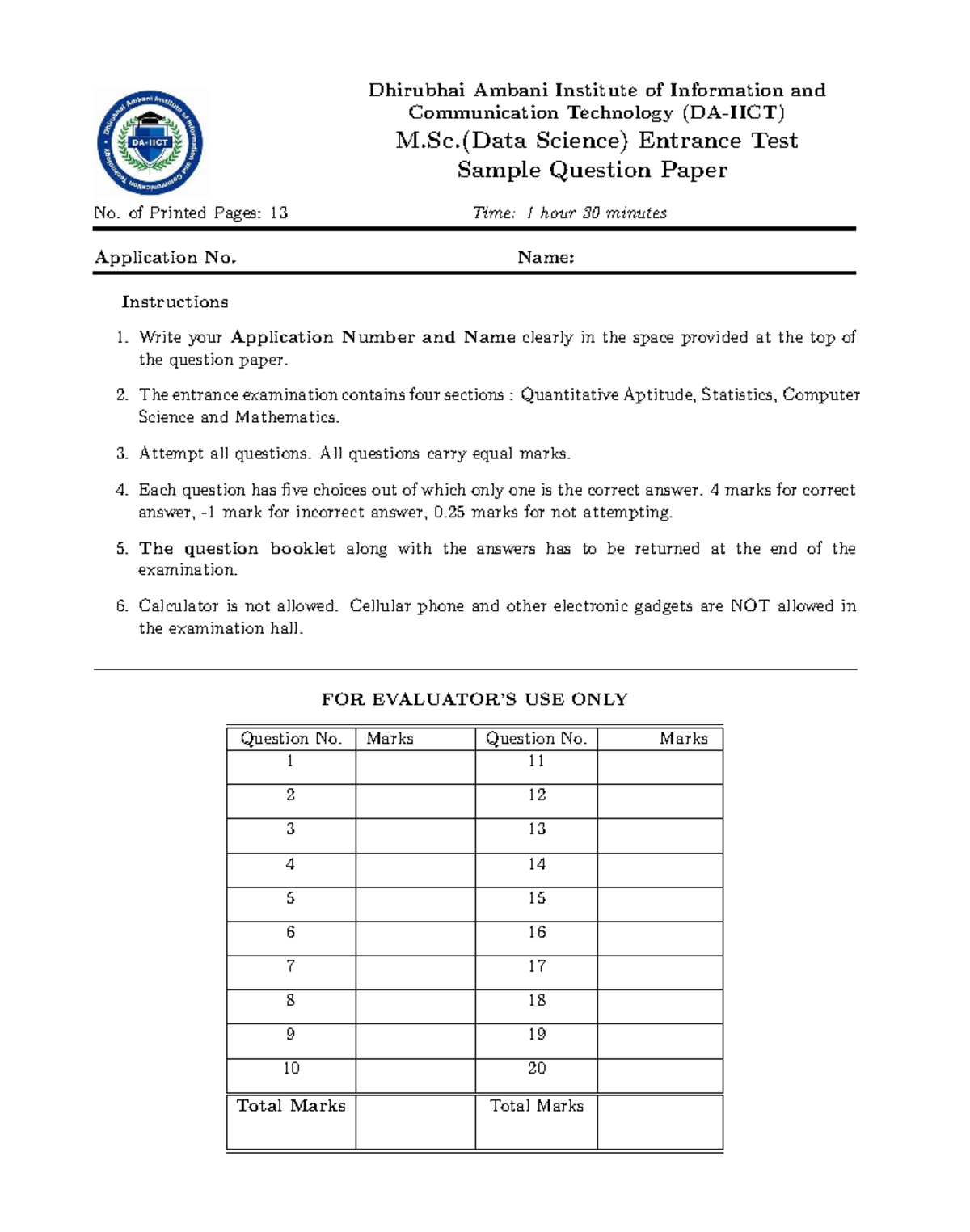 Sample Question Paper for M.Sc. (Data Science) Entrance Exam 2020 - Studocu
