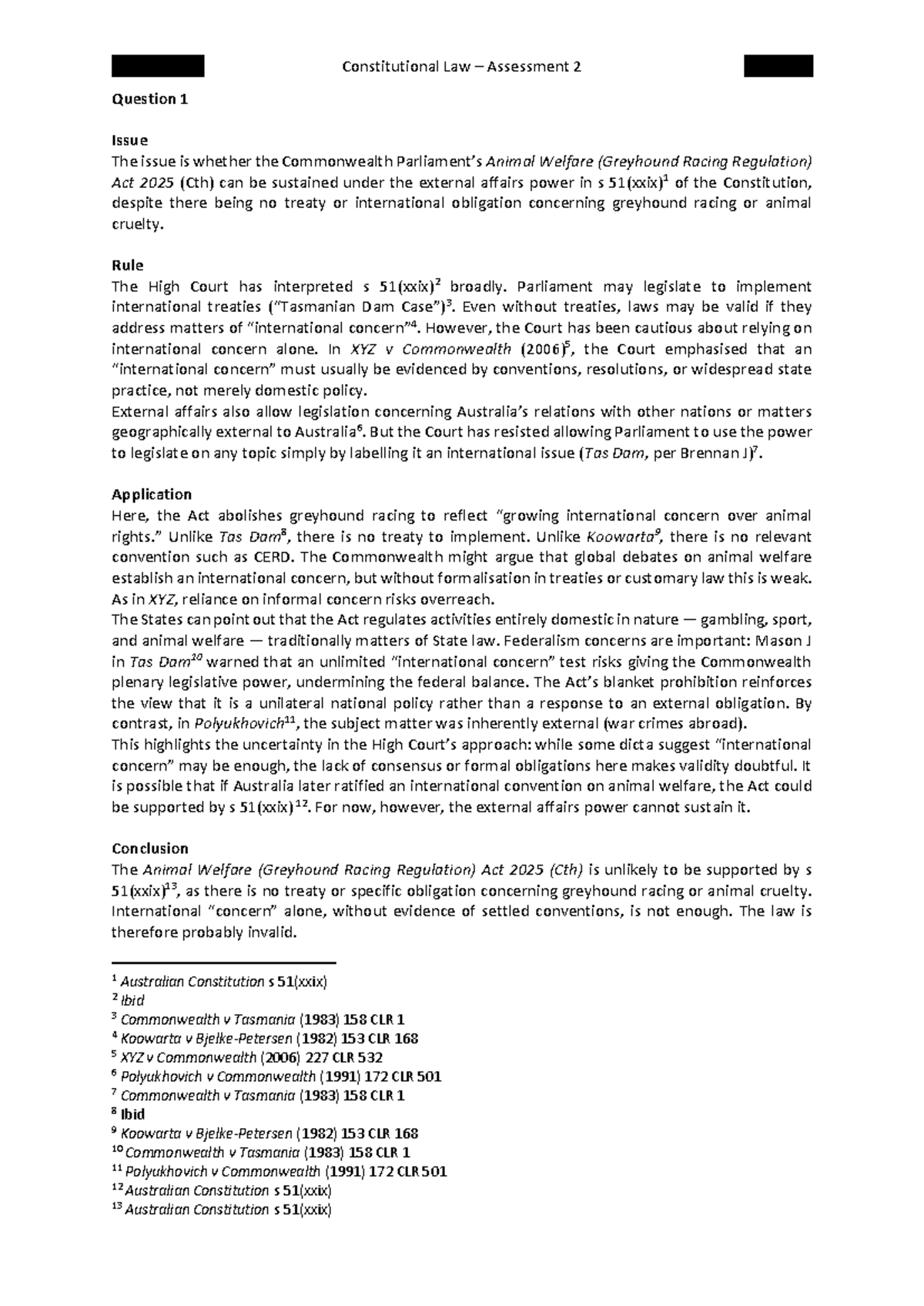Constitutional Law Assessment 2 s0278297: HD Response Analysis - Studocu