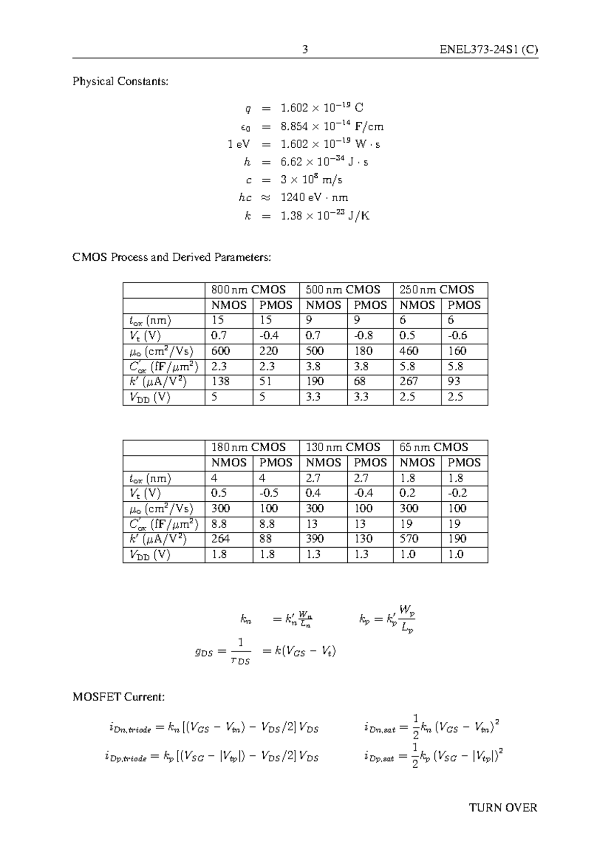 ENEL373 - 2024 Formula Sheet for CMOS and Transistor Parameters - Studocu