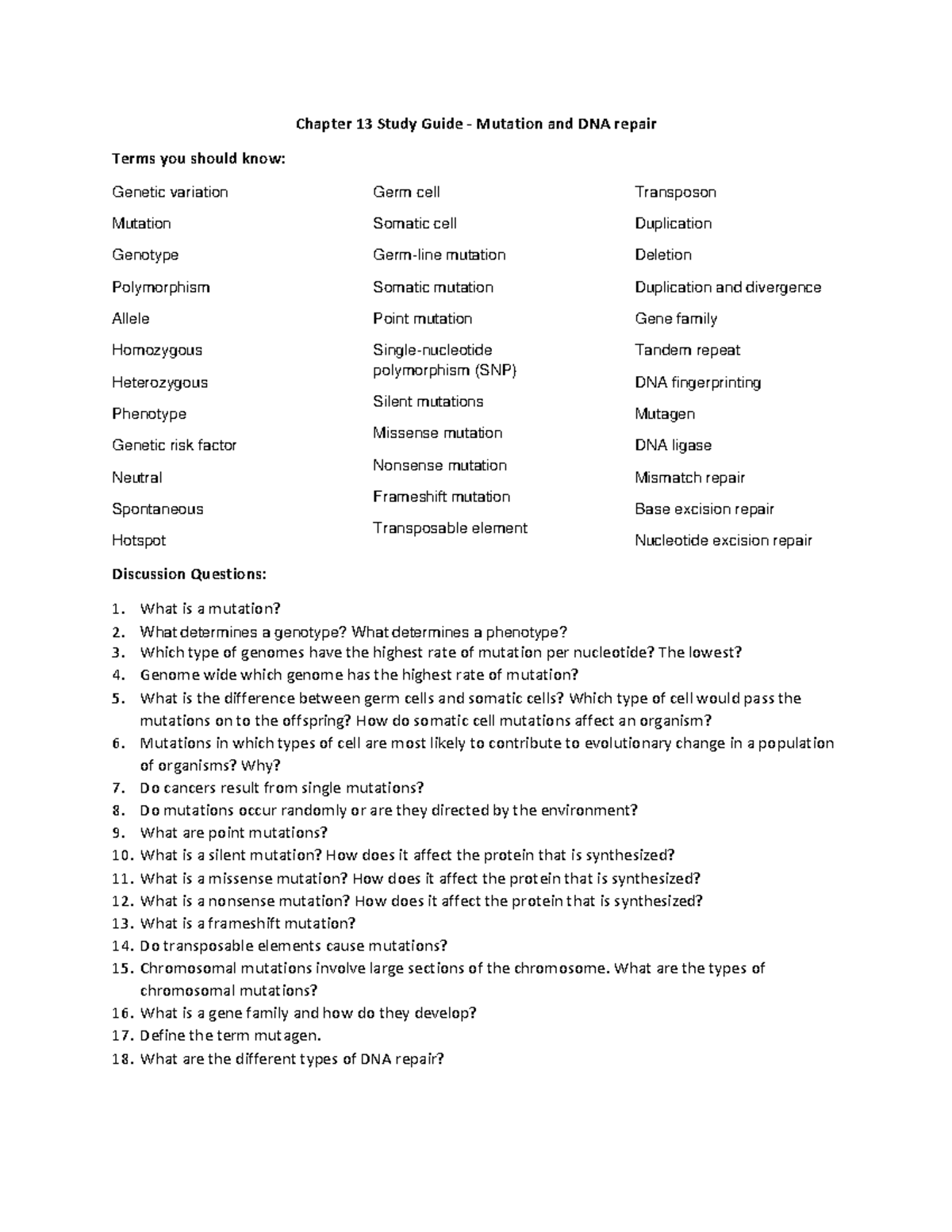Chapter 13 Study Guide - Mutation and DNA Repair Concepts - Chapter 13 ...