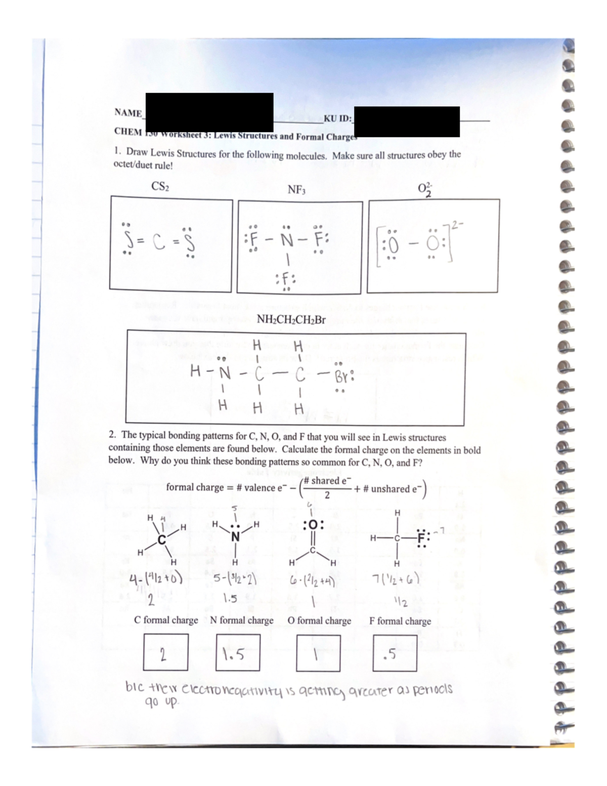 CHEM 130 Worksheet 3 Lewis Structures and Formal Charges - Draw Lewis ...