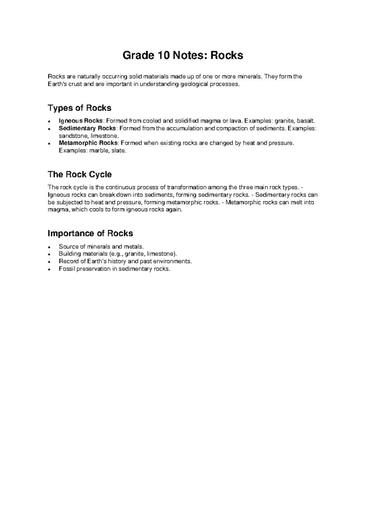 Grade 10 Notes: Understanding Rocks and the Rock Cycle - Studocu