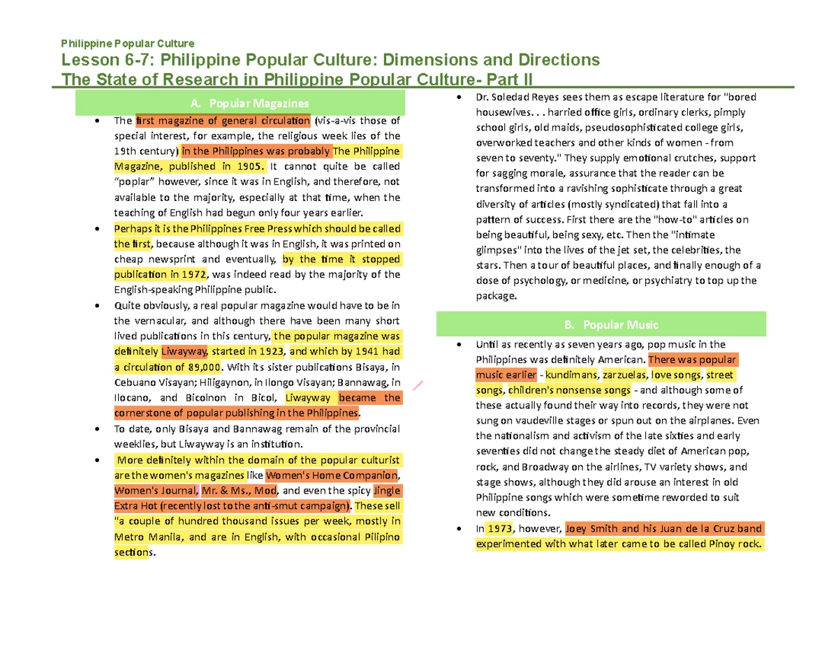 Lesson 4-5: Dimensions and Directions of Philippine Popular Culture ...