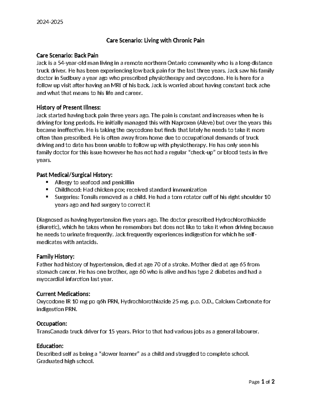 Chronic Back Pain Care Scenario for Jack: A Case Study 2024-2025 - Studocu