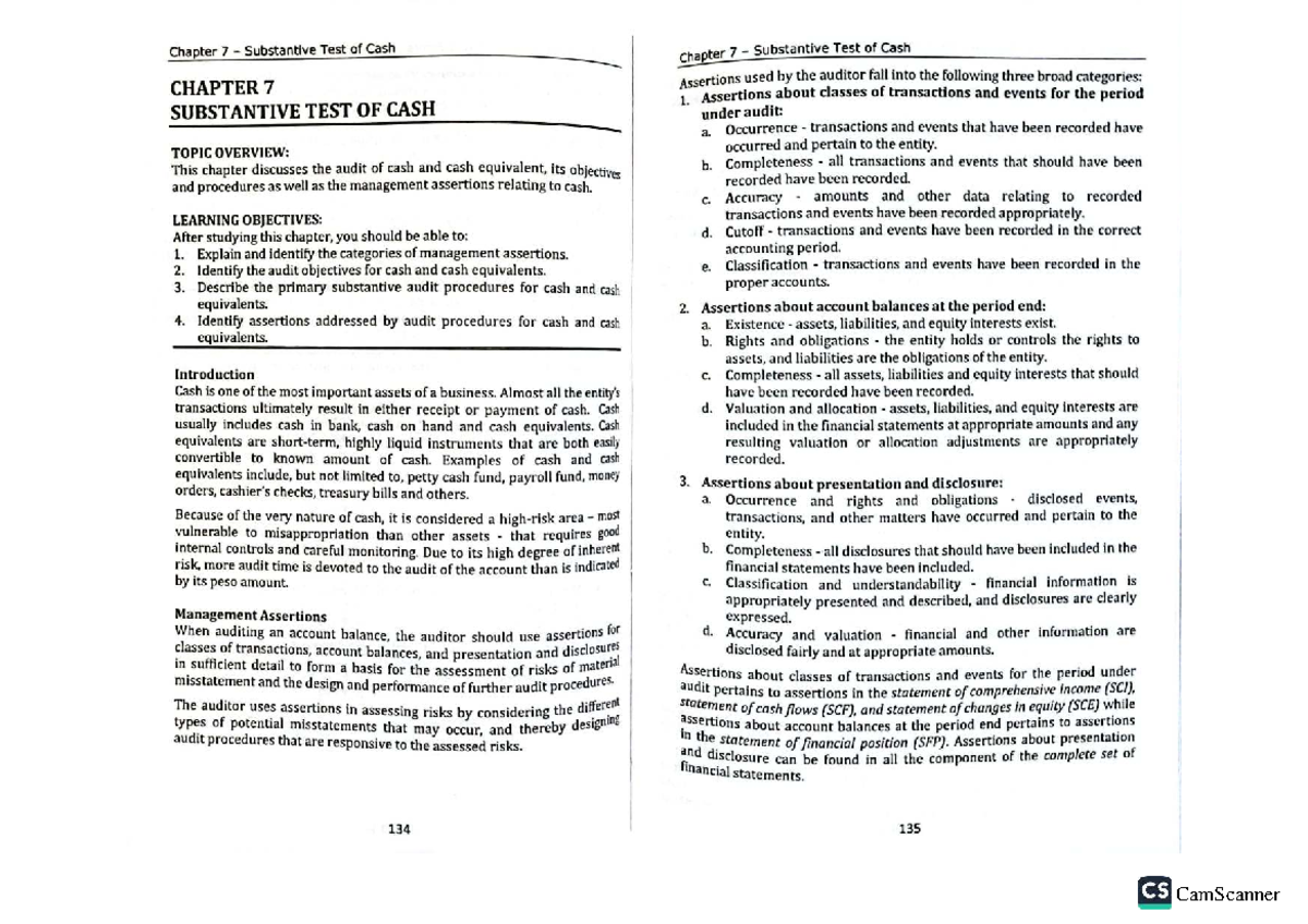 CS 7 Substantive test of cash: Assertions, objectives, and procedures ...
