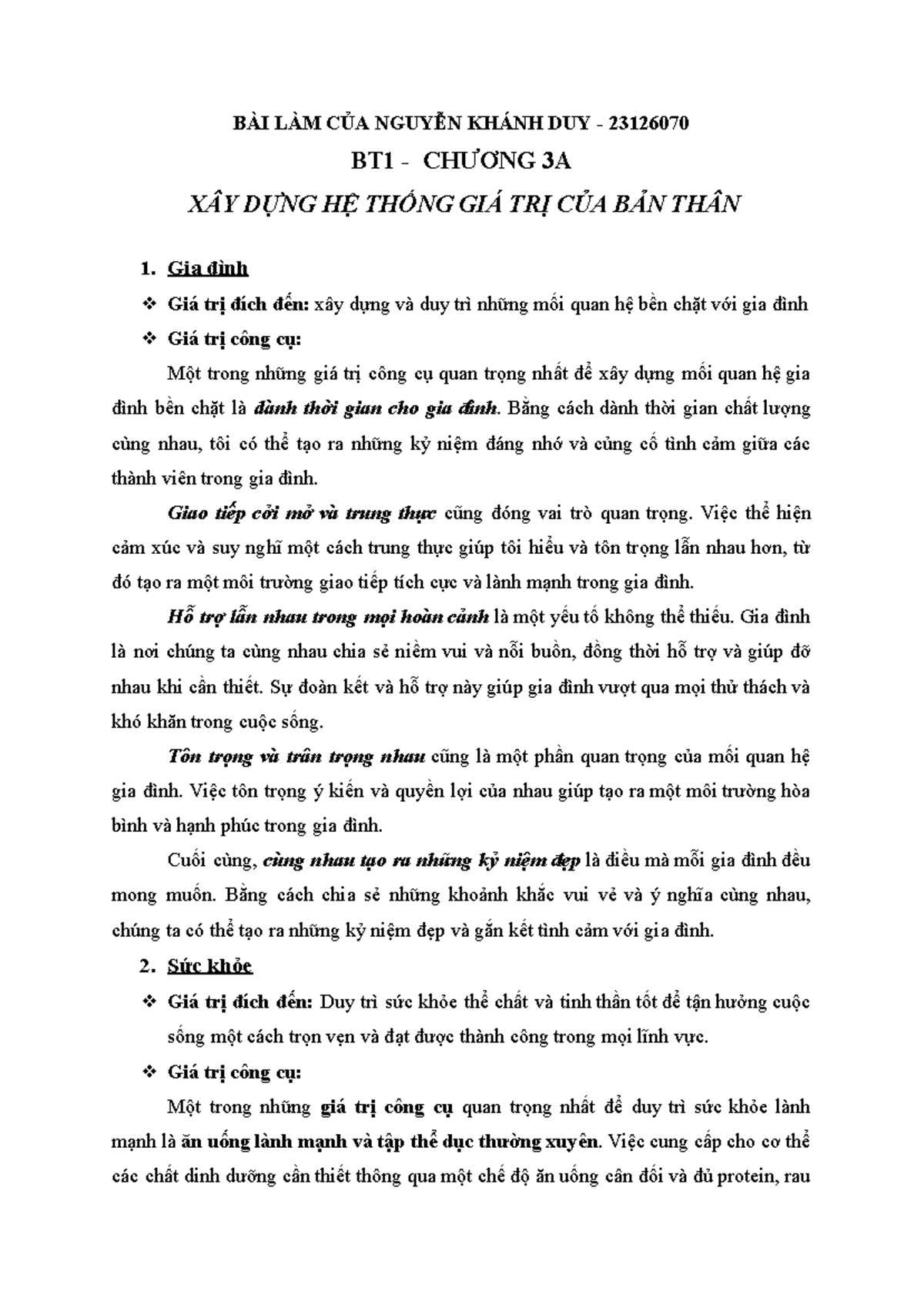 BT1 - Chương 3A: Xây Dựng Hệ Thống Giá Trị Cá Nhân Của Bản Thân - Studocu