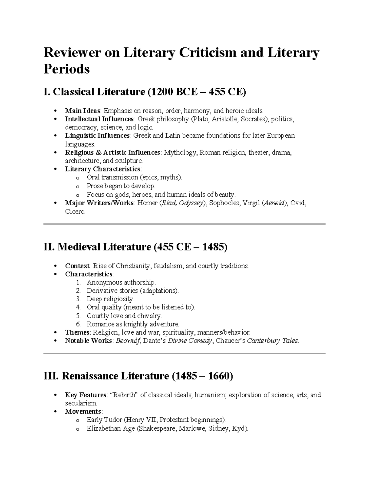 Literary Criticism & Periods Review: Classical to Contemporary (ENG 101 ...