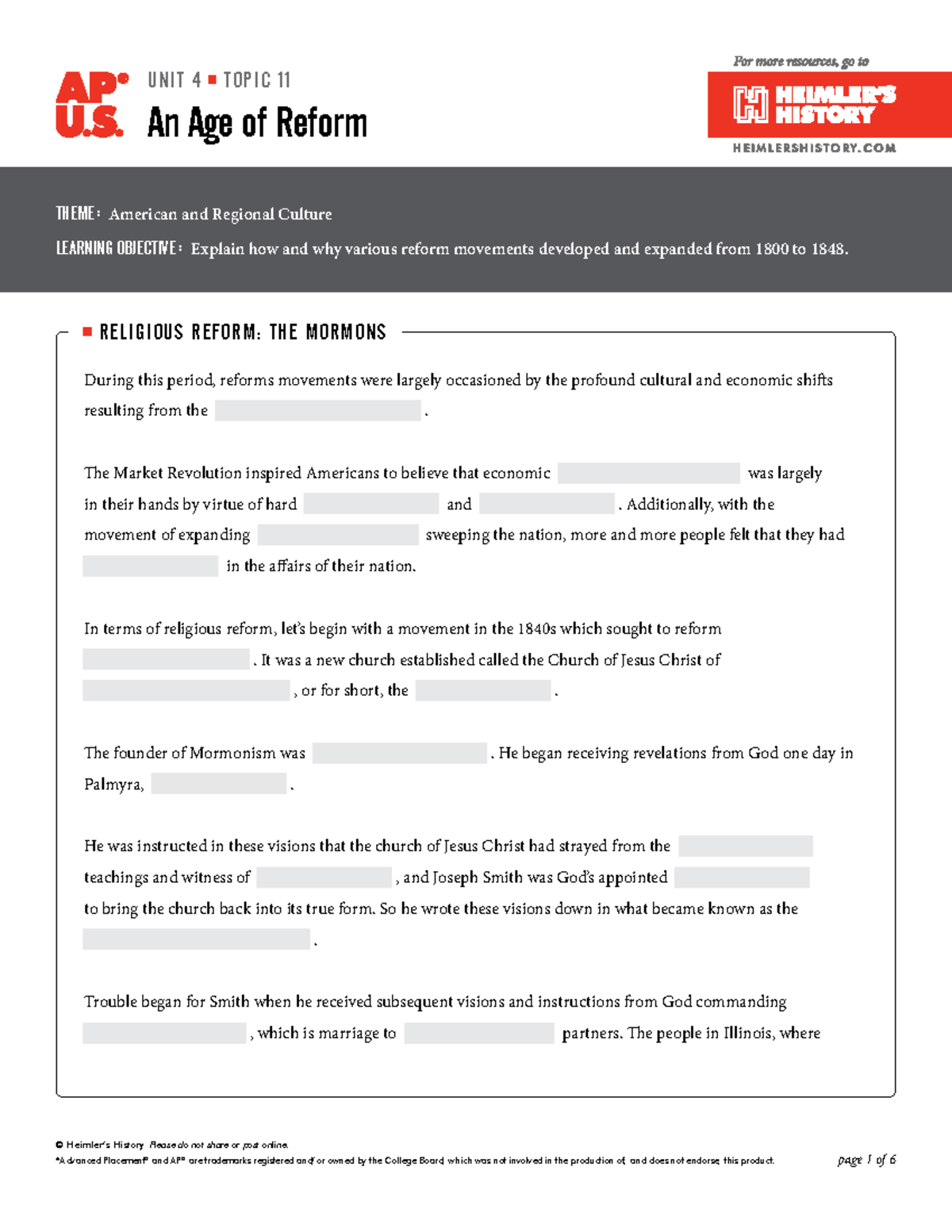 UNIT 4 TOPIC 11 Review Notes: Age of Reform Movements (1800-1848) - Studocu