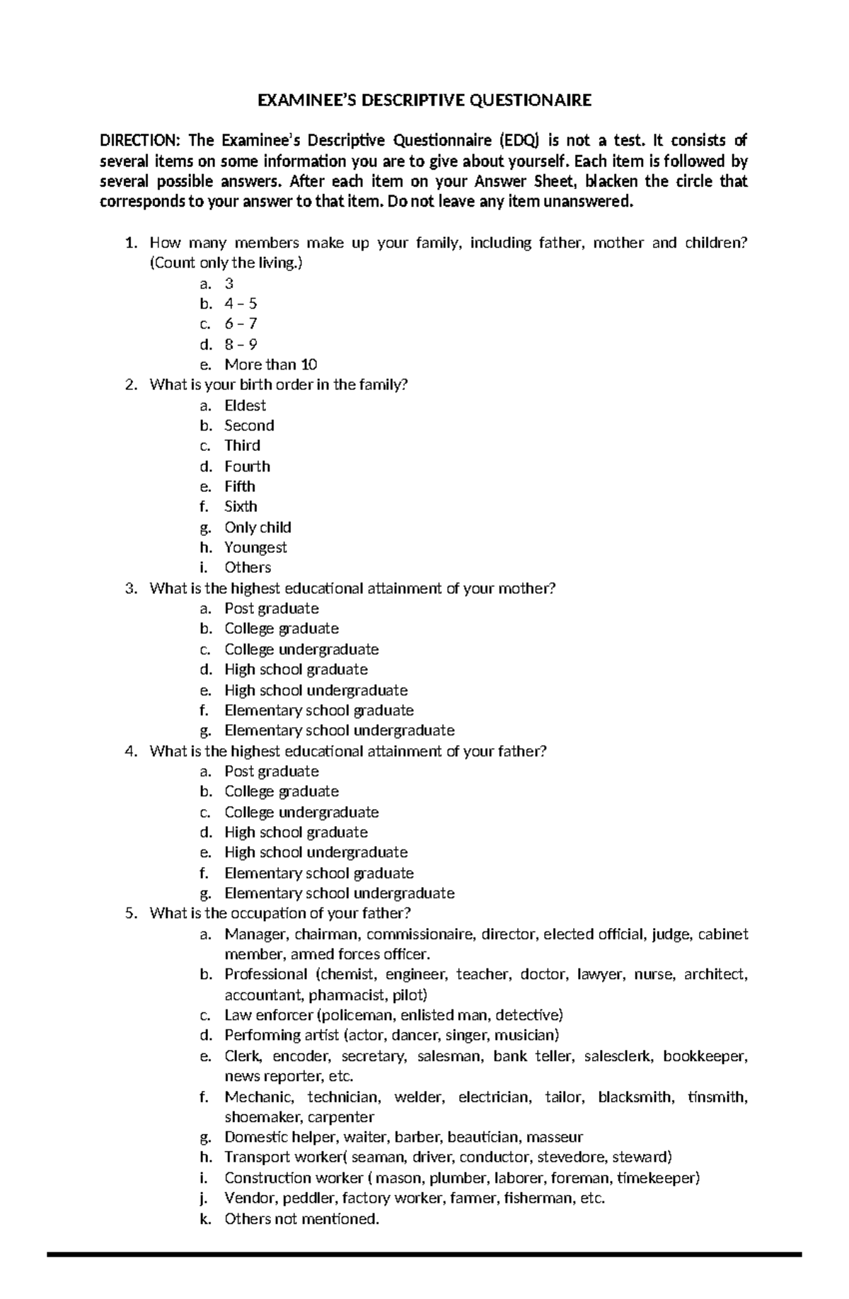EDQ Examinees: Descriptive Questionnaire Instructions and Items - Studocu