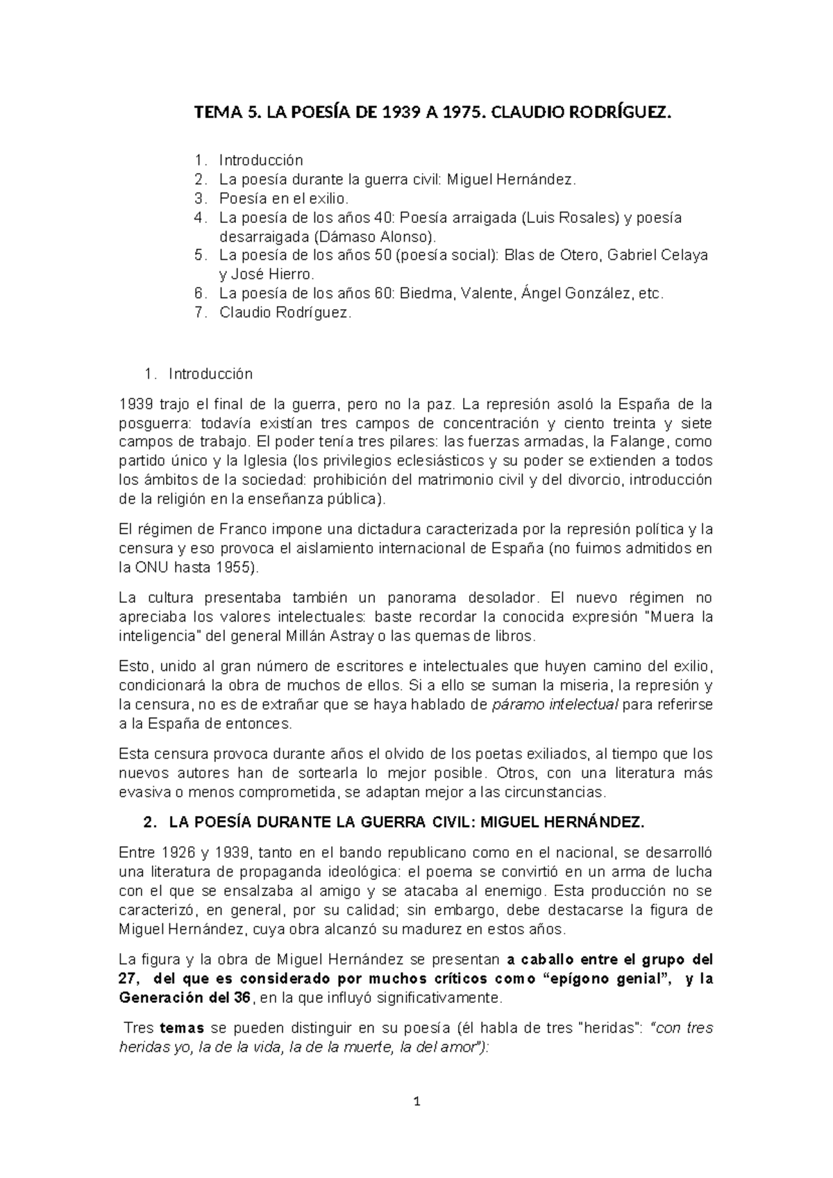 TEMA 5 - resumen literatura - TEMA 5. LA POESÍA DE 1939 A 1975. CLAUDIO ...