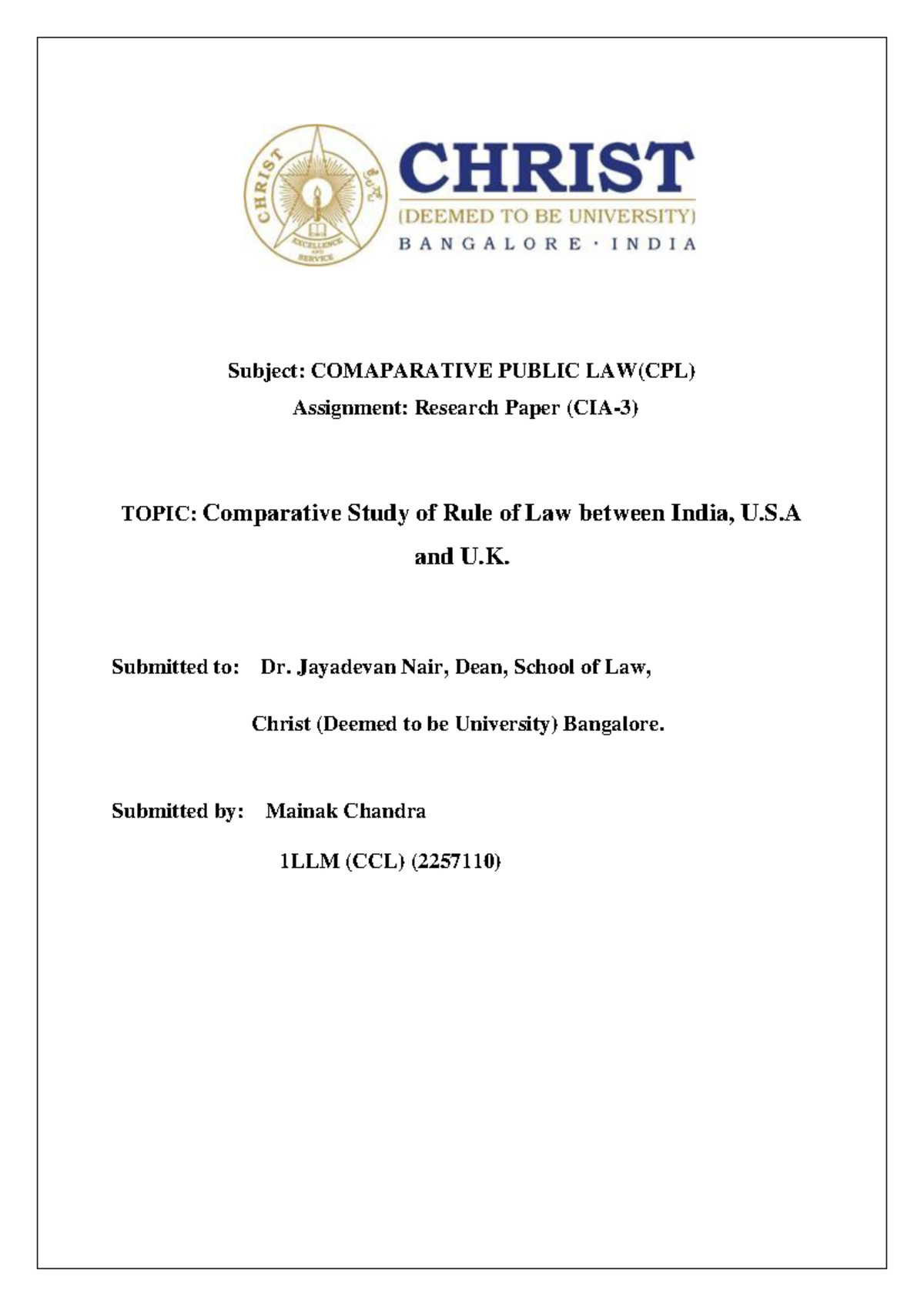 Mainak Chandra Llmccl 2257110 - Subject: COMAPARATIVE PUBLIC LAW(CPL) Assignment: Research Paper ...