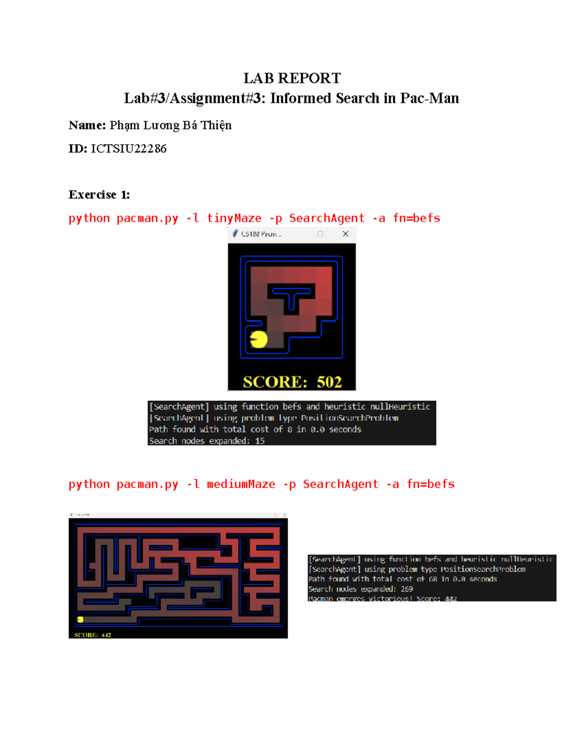 Lab Report 3 - Informed Search Algorithms in Pac-Man (ICTSIU) - Studocu