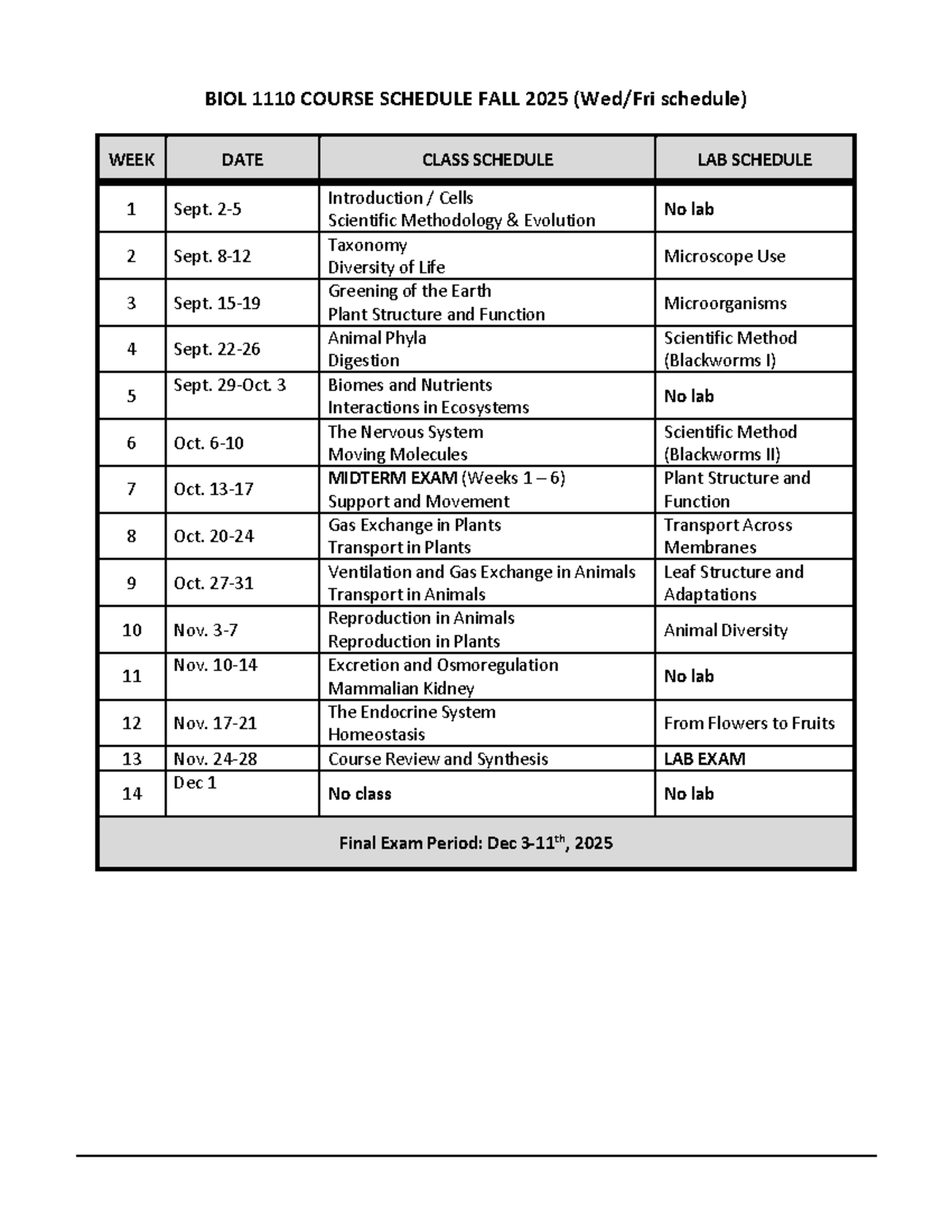 BIOL 1110 Lab & Lecture Schedule - Fall 2025 - Studocu