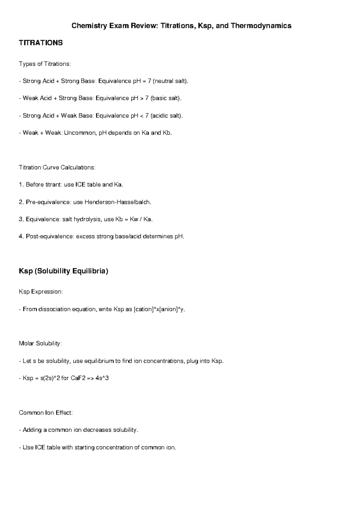 Chemistry Exam Review: Titrations, Ksp, and Thermodynamics - Chemistry ...