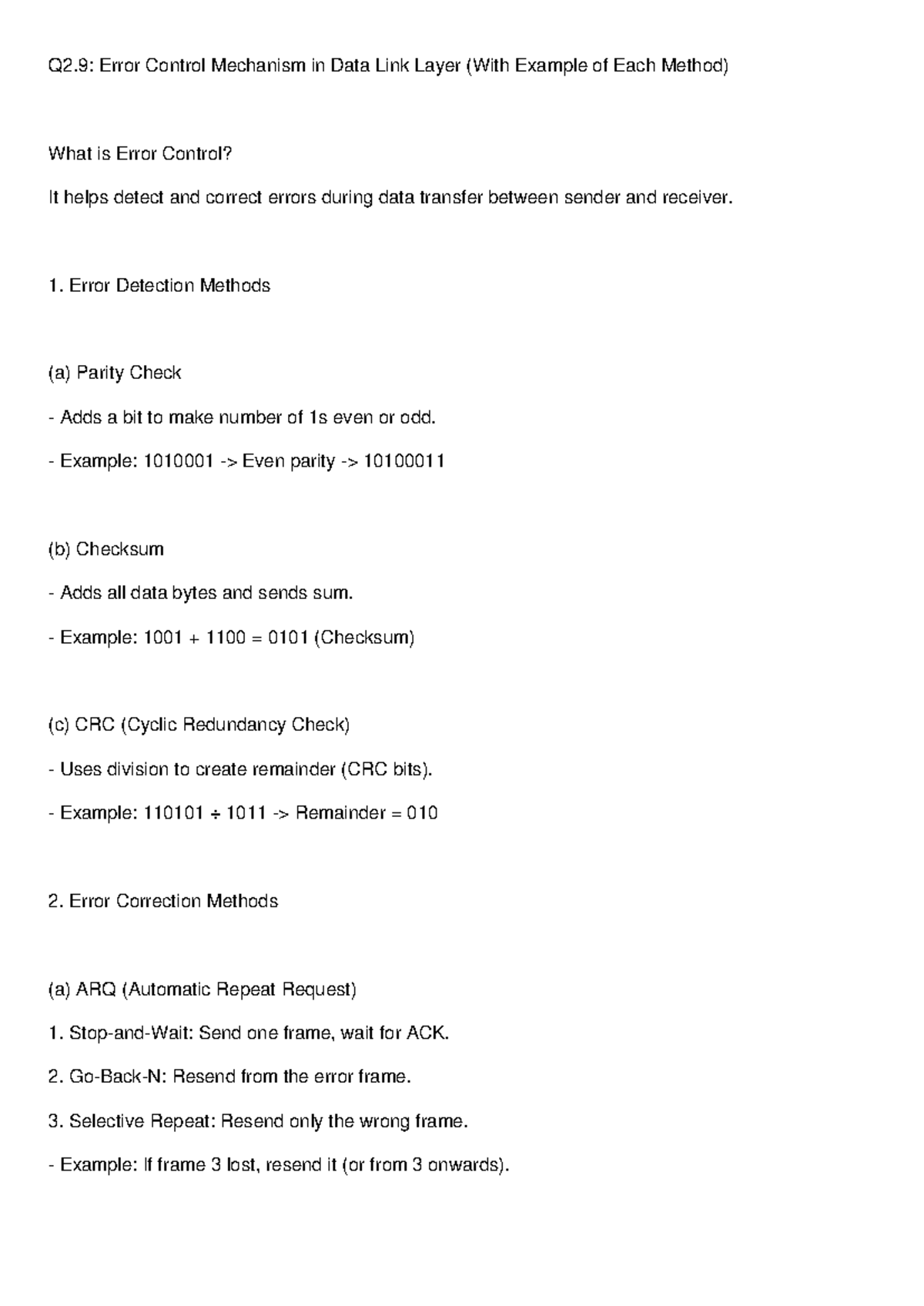 Q2.9: Error Control Mechanisms in Data Link Layer with Examples - Studocu