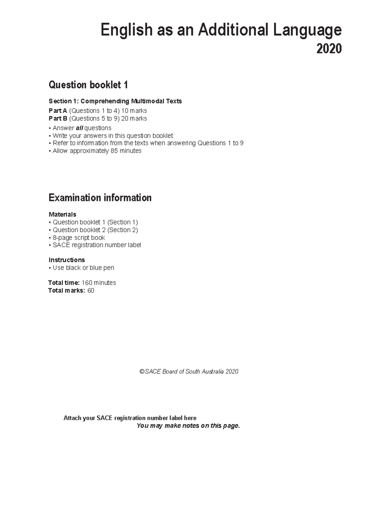 2020 EAL Exam Paper: Comprehending Multimodal Texts & Writing - Studocu