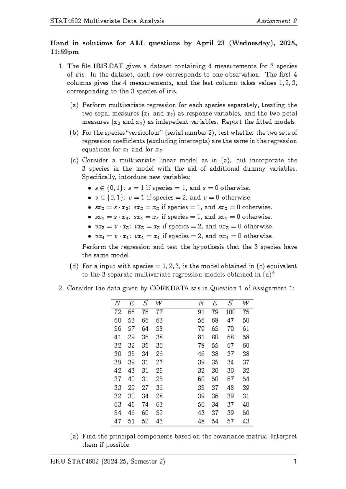 STAT4602 Multivariate Data Analysis Assignment 2 Solutions (Due Apr 23 ...