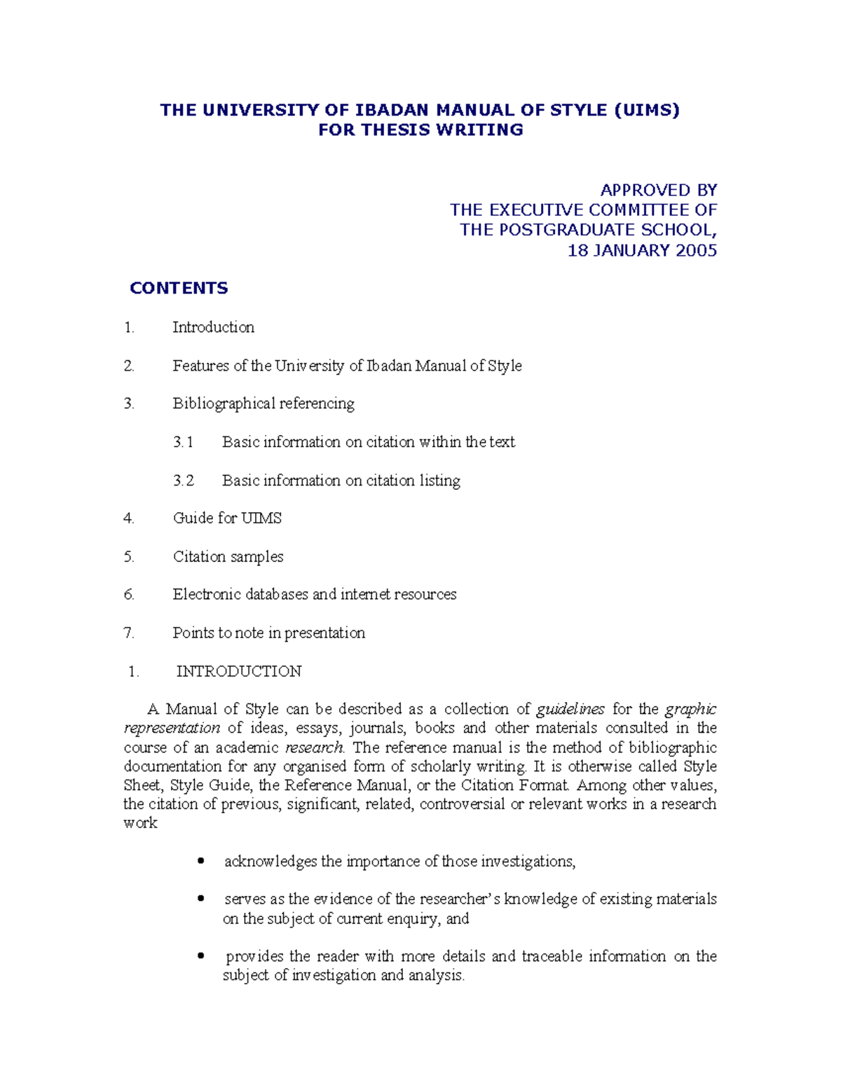 University of Ibadan Manual of Style (UIMS) for Thesis Writing - Studocu