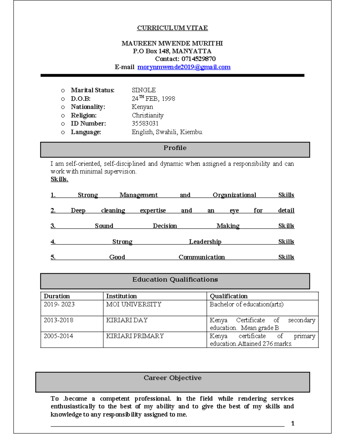 Cv Maureen Mwende Murithi - CURRICULUM VITAE MAUREEN MWENDE MURITHI P ...