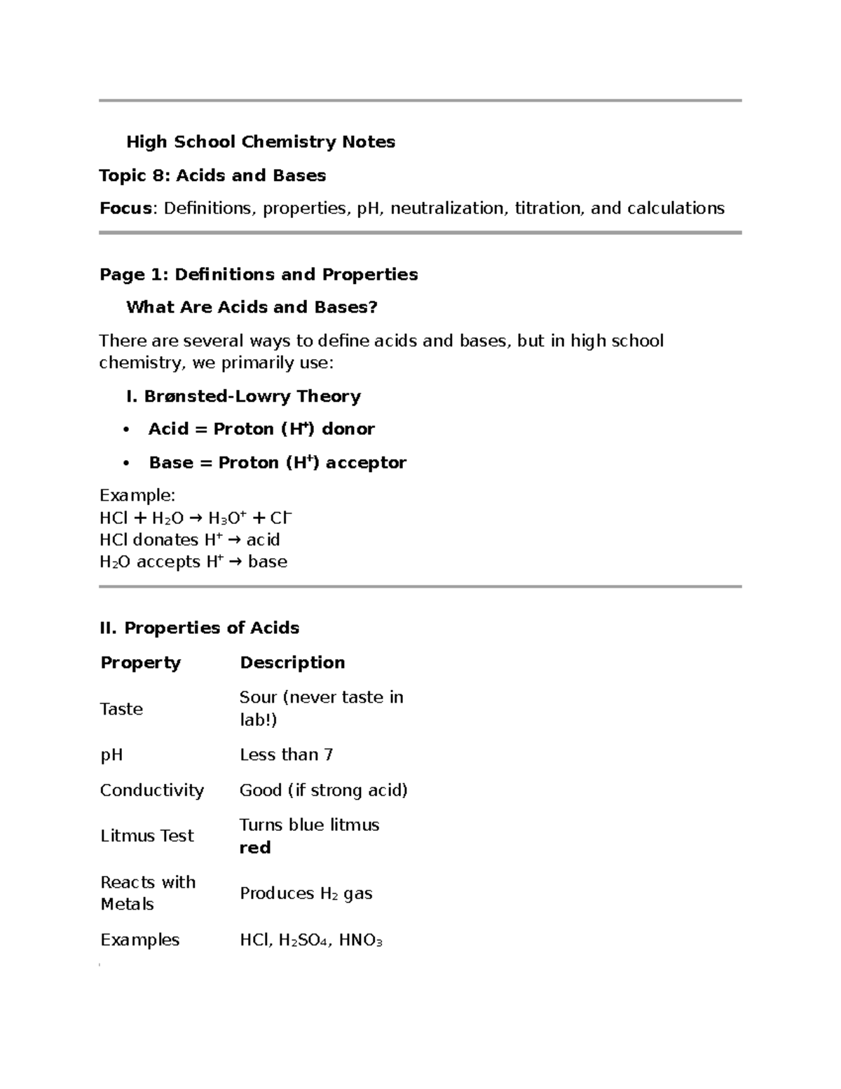 High School Chemistry Notes: Topic 8 - Acids and Bases Overview - Studocu