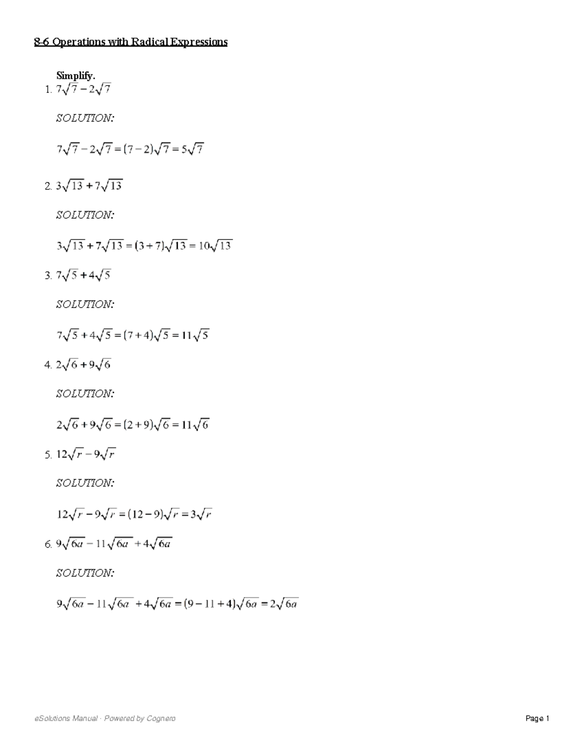 Operations with Radical Expressions: Solutions Manual 8 6 - Studocu