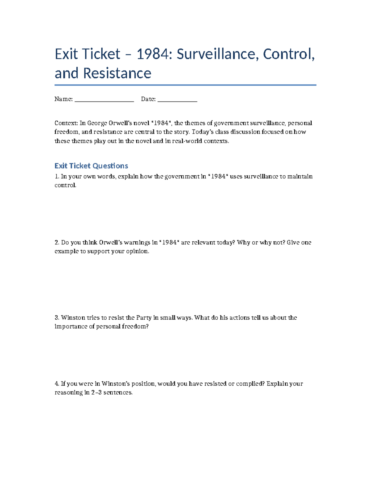 1984 Exit Ticket: Themes of Surveillance and Resistance - Studocu
