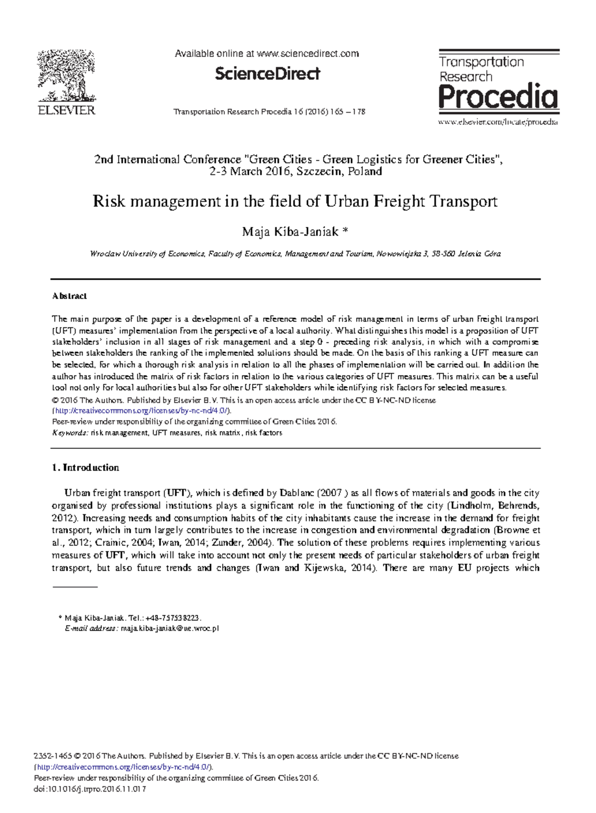 A Model for Risk Management in Urban Freight Transport (UFT) - Studocu