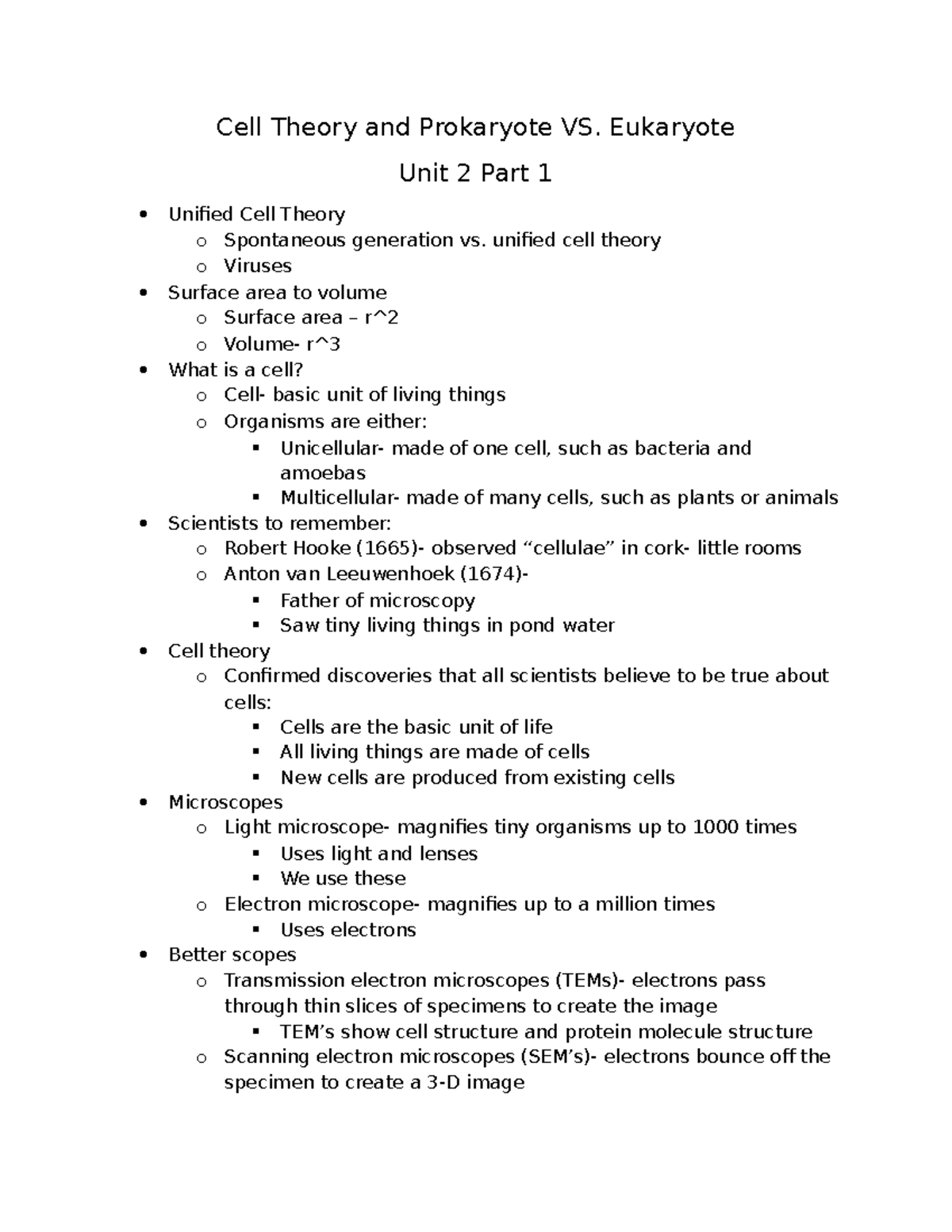 Cell Theory & Prokaryote vs. Eukaryote Comparison: Unit 2 Part 1 - Studocu