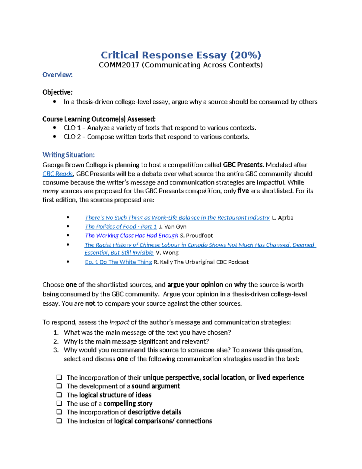 Critical Response Essay Guidelines for COMM 2017: GBC Presents - Studocu
