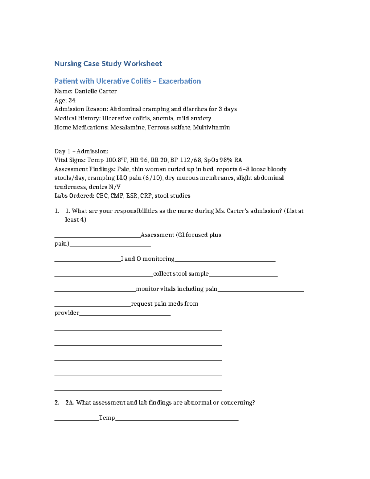 Nursing Case Study Worksheet: Ulcerative Colitis Exacerbation - Studocu