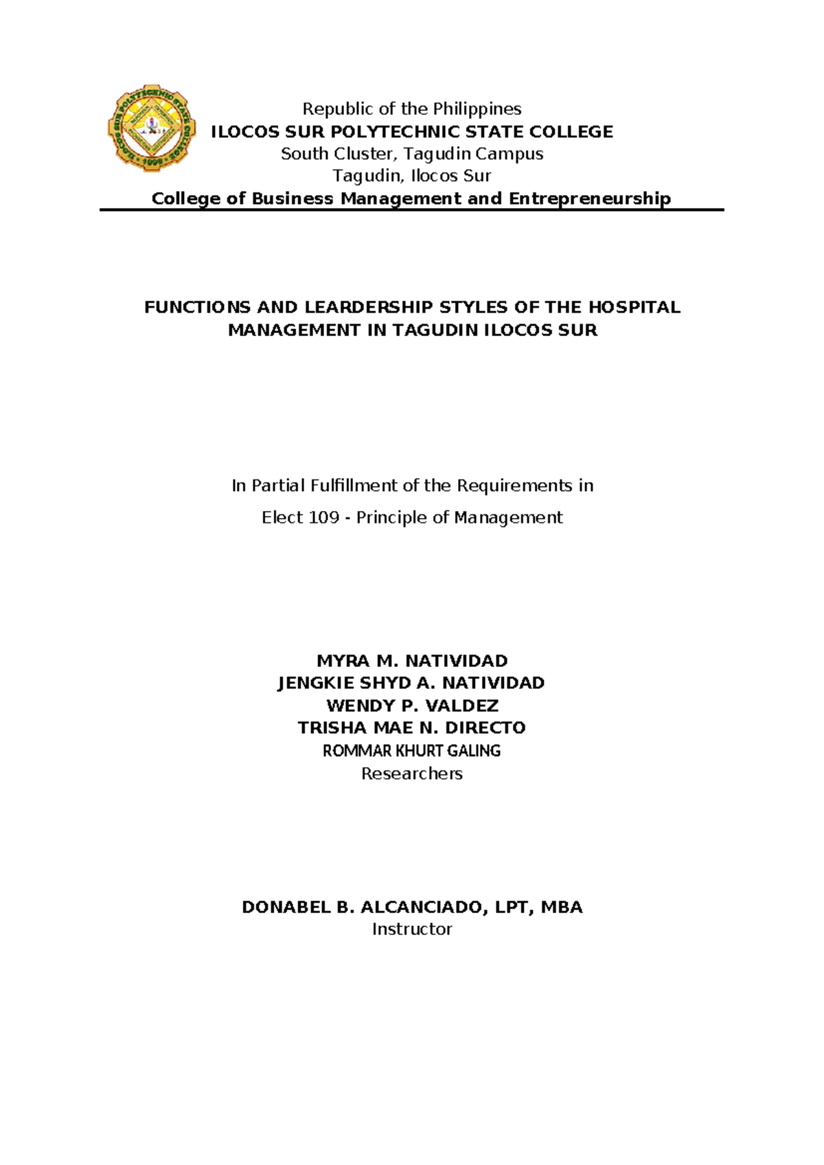 Functions and Leadership Styles of Hospital Management in Tagudin ...