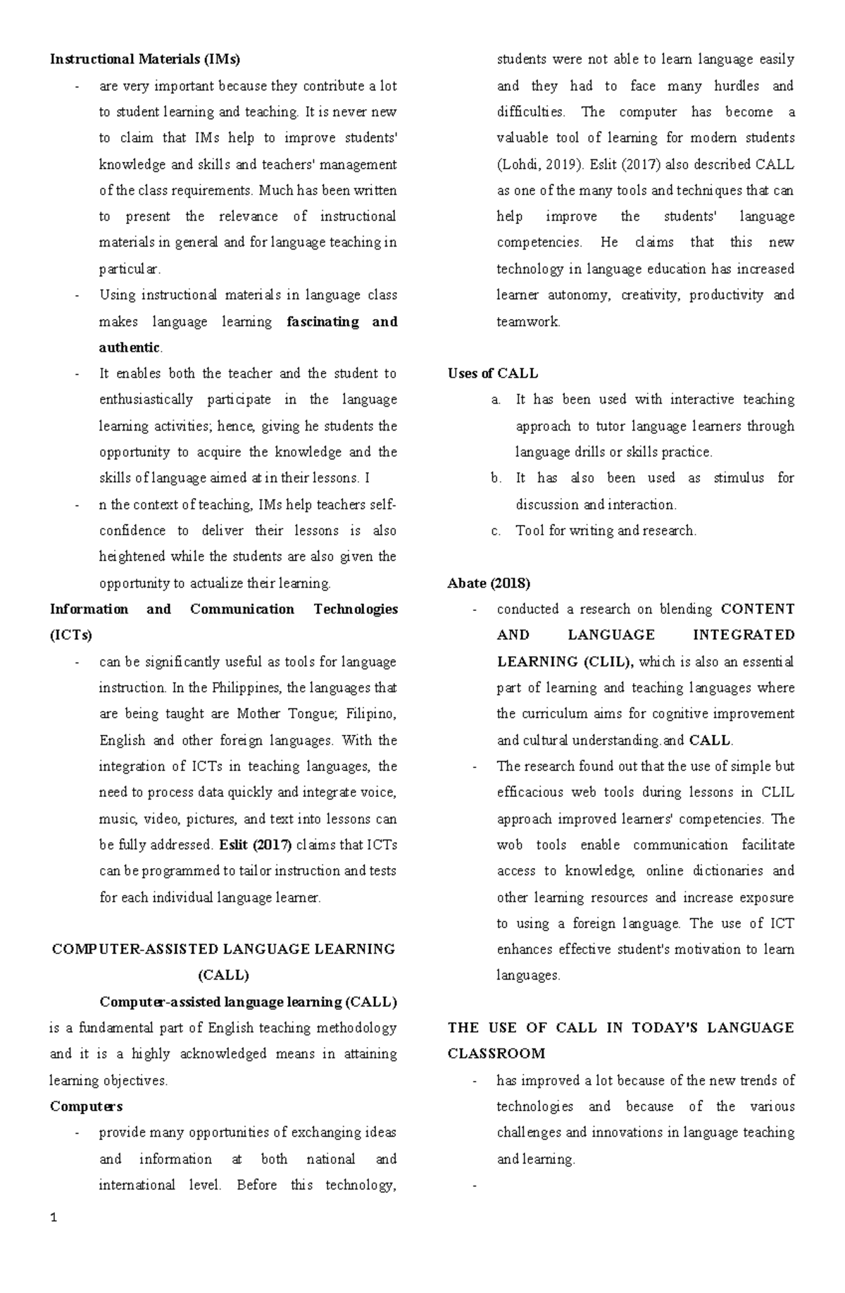 EL 116 - G3 Reviewer: Enhancing Language Learning with Instructional Materials - Studocu